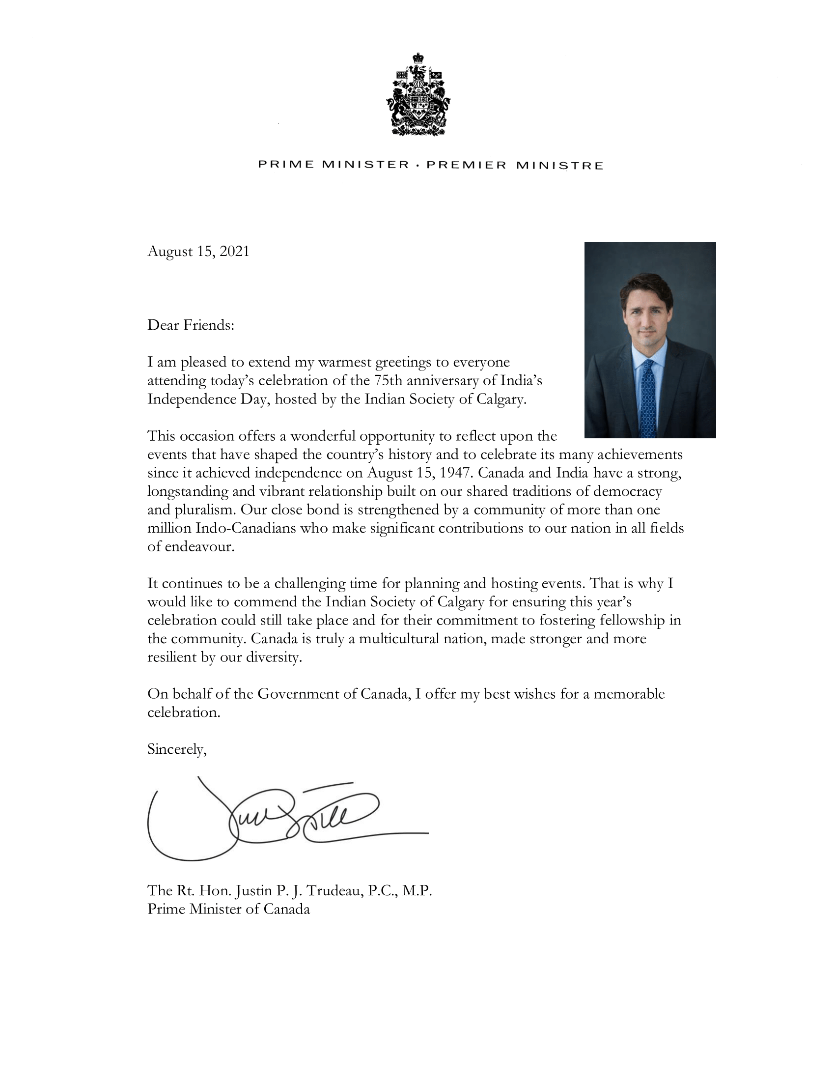 Recognition From Government – Indian Society of Calgary